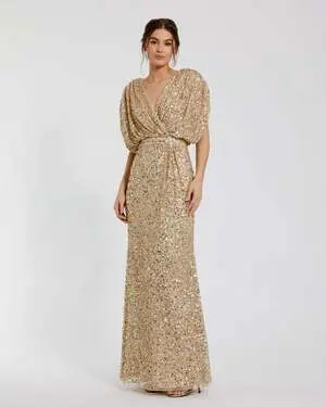 Mac Duggal Petite Sequin Draped Sleeve V-neck Gown - Gold