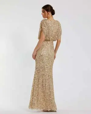 Mac Duggal Petite Sequin Draped Sleeve V-neck Gown - Gold