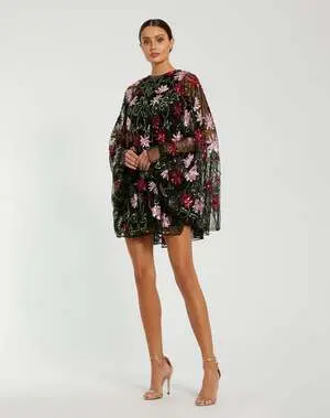 Mac Duggal Floral Embellished Cape Mini Dress
