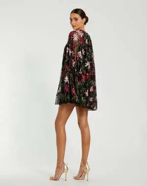 Mac Duggal Floral Embellished Cape Mini Dress