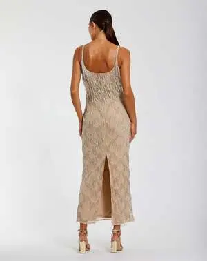 Mac Duggal Beaded Fringe Column Maxi Dress