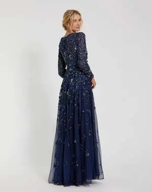 Mac Duggal Embellished High Neck Long Sleeve A-line Gown - Navy