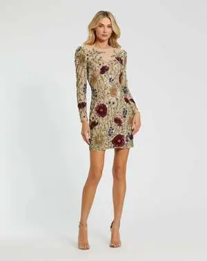Mac Duggal Floral Beaded Long Sleeve Mini Dress