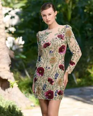 Mac Duggal Floral Beaded Long Sleeve Mini Dress