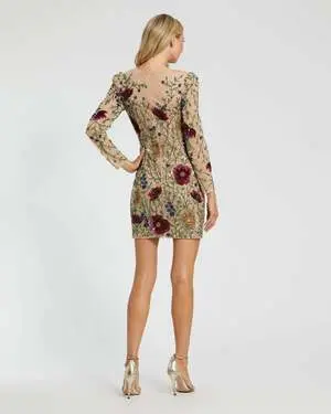 Mac Duggal Floral Beaded Long Sleeve Mini Dress