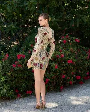 Mac Duggal Floral Beaded Long Sleeve Mini Dress