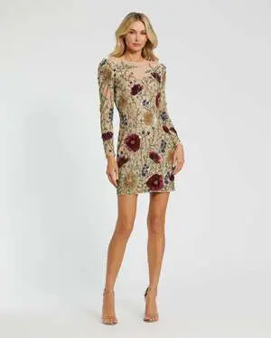 Mac Duggal Floral Beaded Long Sleeve Mini Dress