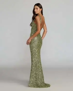 Mac Duggal Petite Sequin Column Gown With Open Back - Green