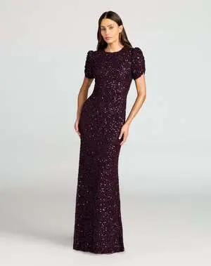 Mac Duggal Embellished Gathered Short Sleeve Gown