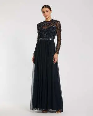 Mac Duggal Petite Embellished Illusion High Neck Long Sleeve Gown