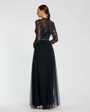 Mac Duggal Petite Embellished Illusion High Neck Long Sleeve Gown