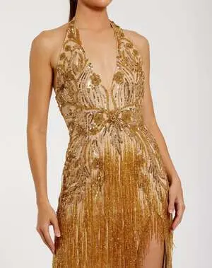 Mac Duggal Embellished Halter Gown With Beaded Fringe