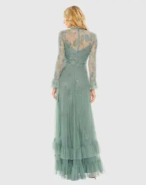 Mac Duggal Embellished Long Sleeve Ruffle Gown