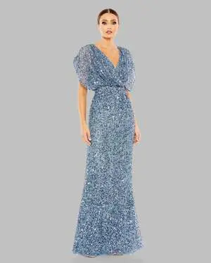 Mac Duggal Petite Draped Sleeve Sequin Gown - Blue