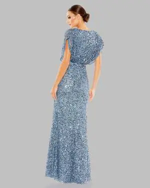 Mac Duggal Petite Draped Sleeve Sequin Gown - Blue