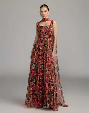 Mac Duggal Floral Printed Chiffon Gown With Scarf - Rose