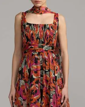 Mac Duggal Floral Printed Chiffon Gown With Scarf - Rose