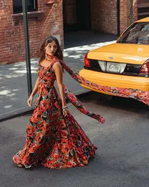 Mac Duggal Floral Printed Chiffon Gown With Scarf - Rose