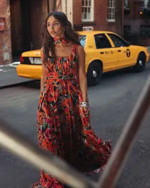 Mac Duggal Floral Printed Chiffon Gown With Scarf - Rose