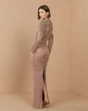MAC DUGGAL COLLECTION Brown Beaded Long Sleeve Fringe Column Gown