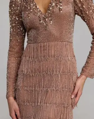 MAC DUGGAL COLLECTION Brown Beaded Long Sleeve Fringe Column Gown
