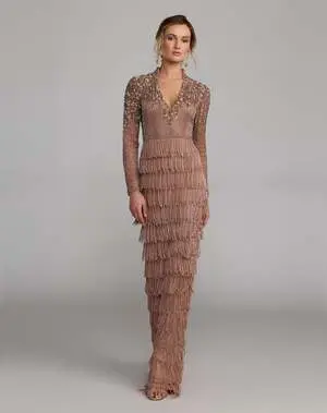 MAC DUGGAL COLLECTION Brown Beaded Long Sleeve Fringe Column Gown