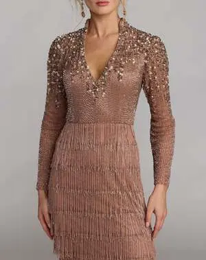 MAC DUGGAL COLLECTION Brown Beaded Long Sleeve Fringe Column Gown