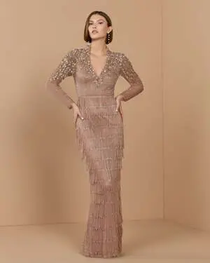 MAC DUGGAL COLLECTION Hand Beaded Long Sleeve Fringe Column Gown - Mocha