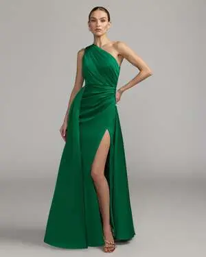Mac Duggal One Shoulder Satin Gown With Overskirt