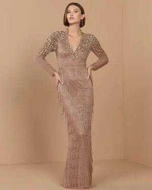 Mac Duggal Petite Brown Beaded Long Sleeve Fringe Column Gown