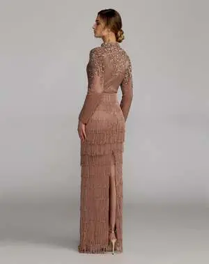 Mac Duggal Petite Brown Beaded Long Sleeve Fringe Column Gown