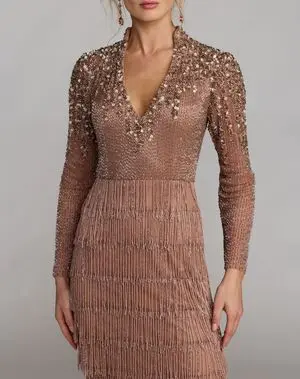 Mac Duggal Petite Brown Beaded Long Sleeve Fringe Column Gown