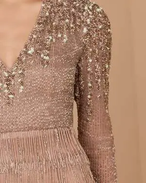 Mac Duggal Petite Brown Beaded Long Sleeve Fringe Column Gown