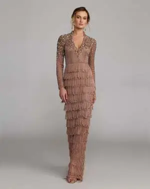 Mac Duggal Petite Brown Beaded Long Sleeve Fringe Column Gown