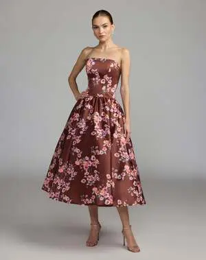 Mac Duggal Brown Floral Satin Strapless A-line Midi Dress