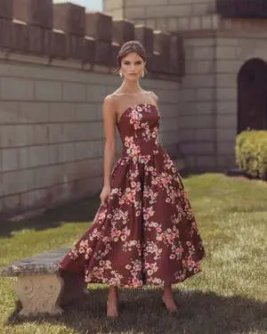Mac Duggal Brown Floral Satin Strapless A-line Midi Dress