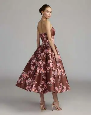 Mac Duggal Brown Floral Satin Strapless A-line Midi Dress