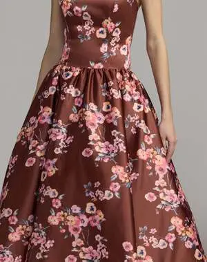 Mac Duggal Brown Floral Satin Strapless A-line Midi Dress