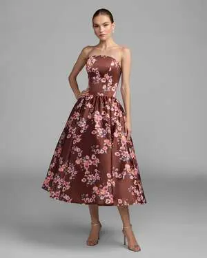 Mac Duggal Floral Satin Strapless A-line Midi Dress