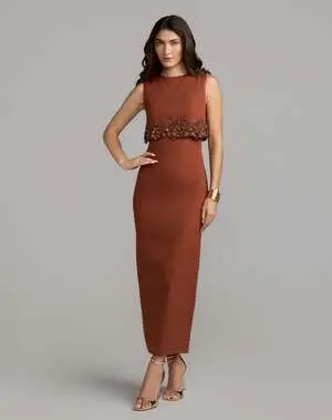 Mac Duggal Floral Embellished Overlay Column Dress