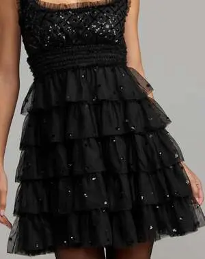 Mac Duggal Sleeveless Sequin Tiered Ruffle Mini Dress