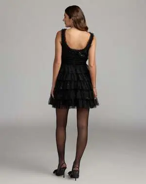 Mac Duggal Sleeveless Sequin Tiered Ruffle Mini Dress