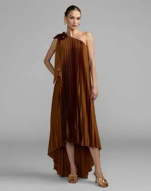 Mac Duggal Pleated One Shoulder High-low Gown - Nutmeg