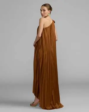 Mac Duggal Pleated One Shoulder High-low Gown - Nutmeg