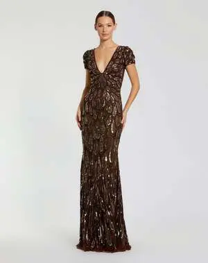 Mac Duggal Petite Brown Embellished Deep V Column Gown