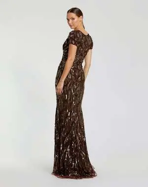 Mac Duggal Petite Brown Embellished Deep V Column Gown