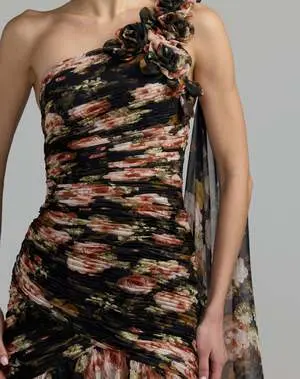 Mac Duggal Black One Shoulder Floral Printed Chiffon Gown