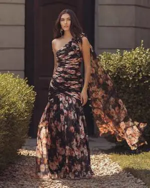 Mac Duggal Black One Shoulder Floral Printed Chiffon Gown