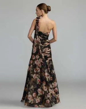 Mac Duggal Black One Shoulder Floral Printed Chiffon Gown