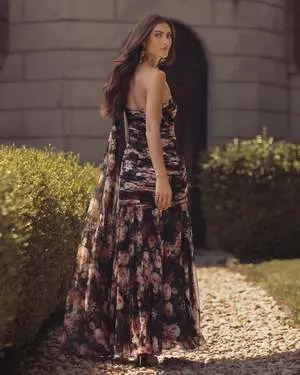 Mac Duggal Black One Shoulder Floral Printed Chiffon Gown